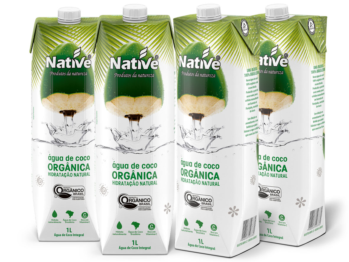 Native tem embalagem de 1 litro de água de coco orgânica